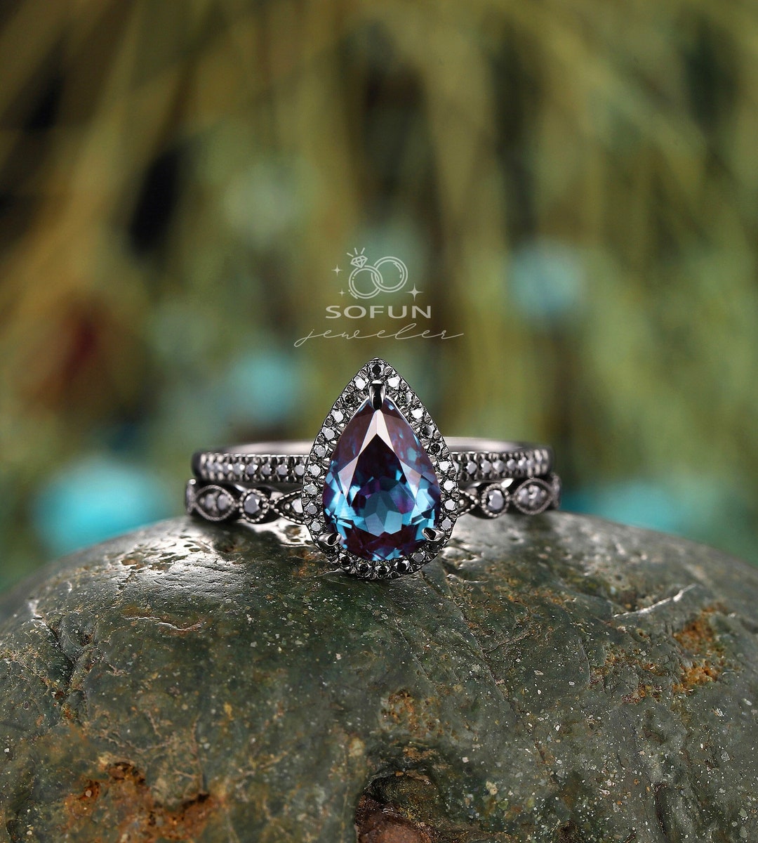 Black Gold Pear Alexandrite Halo Engagement Ring Set, Gothic Promise ...