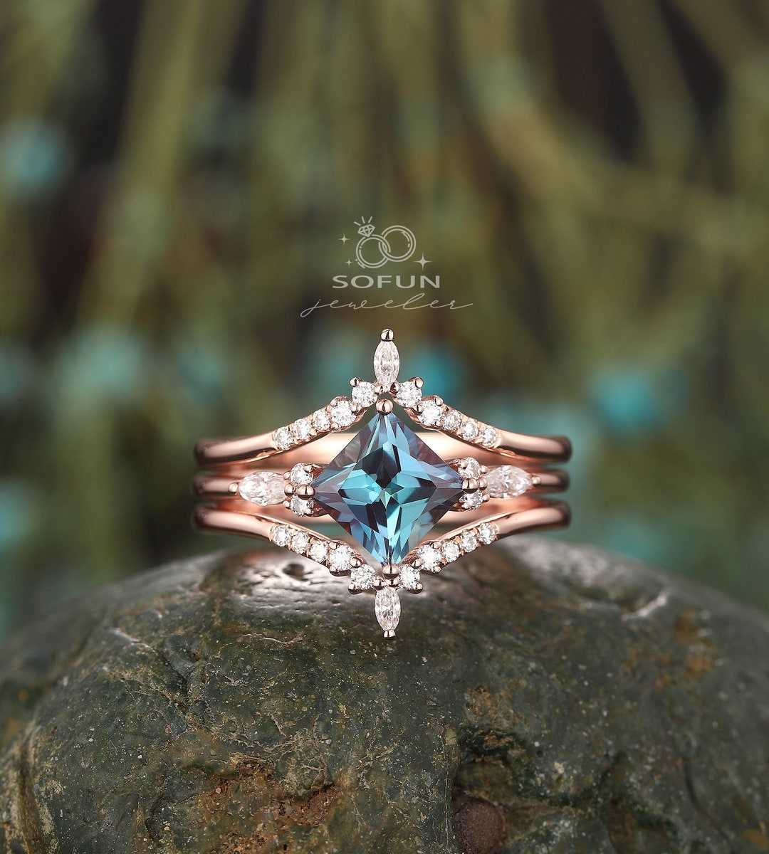 Princess Cut Alexandrite Engagement Ring Set, 14K Rose Gold Alexandrite ...