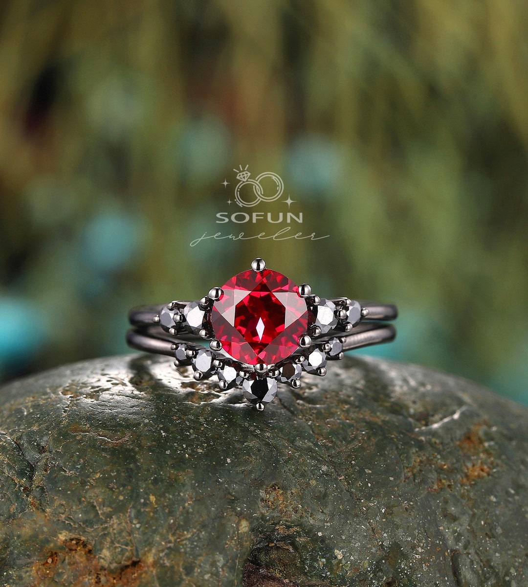 Vintage Black Gold Round Ruby Engagement Ring Set Gothic Ruby - Etsy