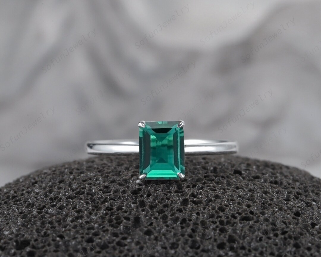 Vintage Emerald Cut Emerald Engagement Ring, Unique 925 Sterling Silver ...
