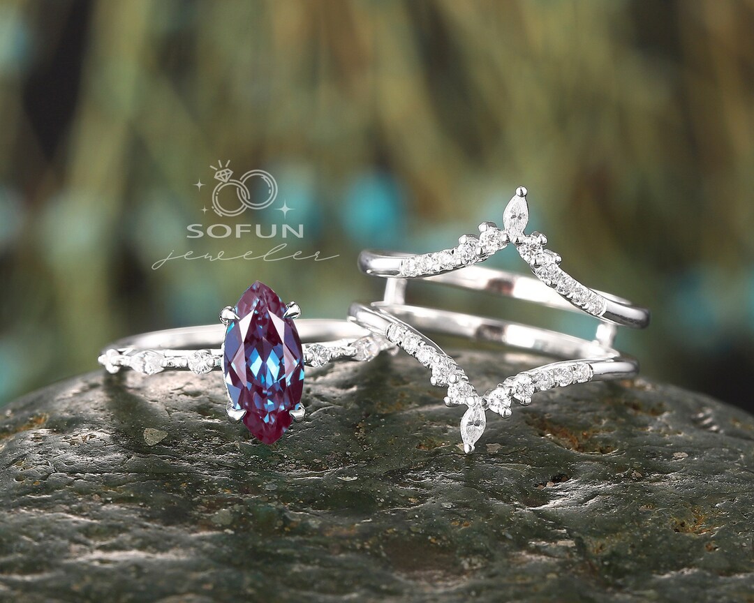 Marquise Alexandrite and Moissanite Hidden Halo Engagement Ring Set ...