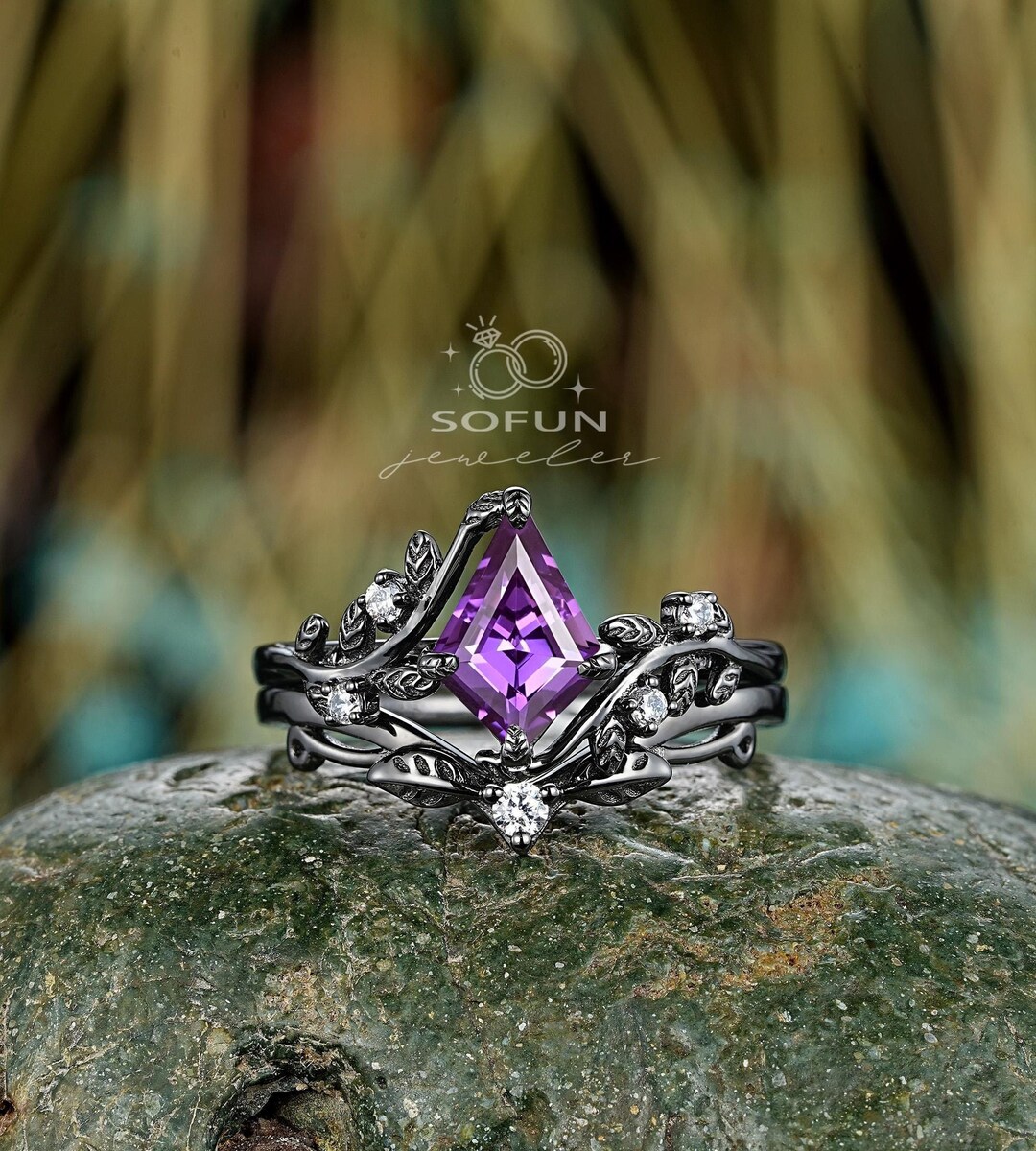 Gothic Black Gold Kite Cut Violet Purple Sapphire Leaf Engagement Ring ...