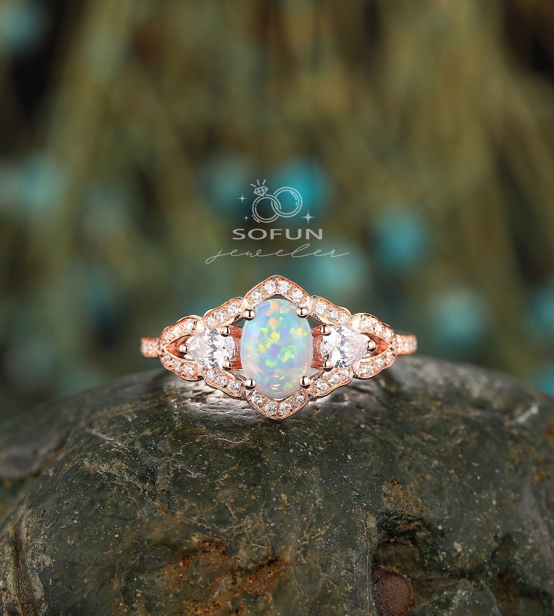 Vintage Natural Australian Blue Fire Opal Engagement Ring, October Birthstone Wedding Ring, 18K ...