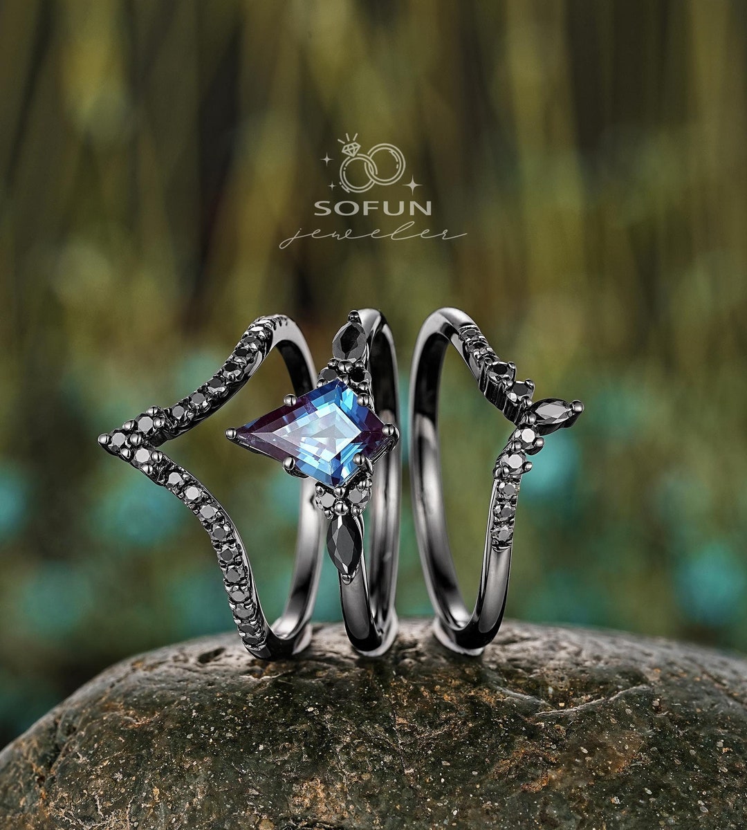Gothic Kite Shape Alexandrite Engagement Ring Set, Black Rhodium ...