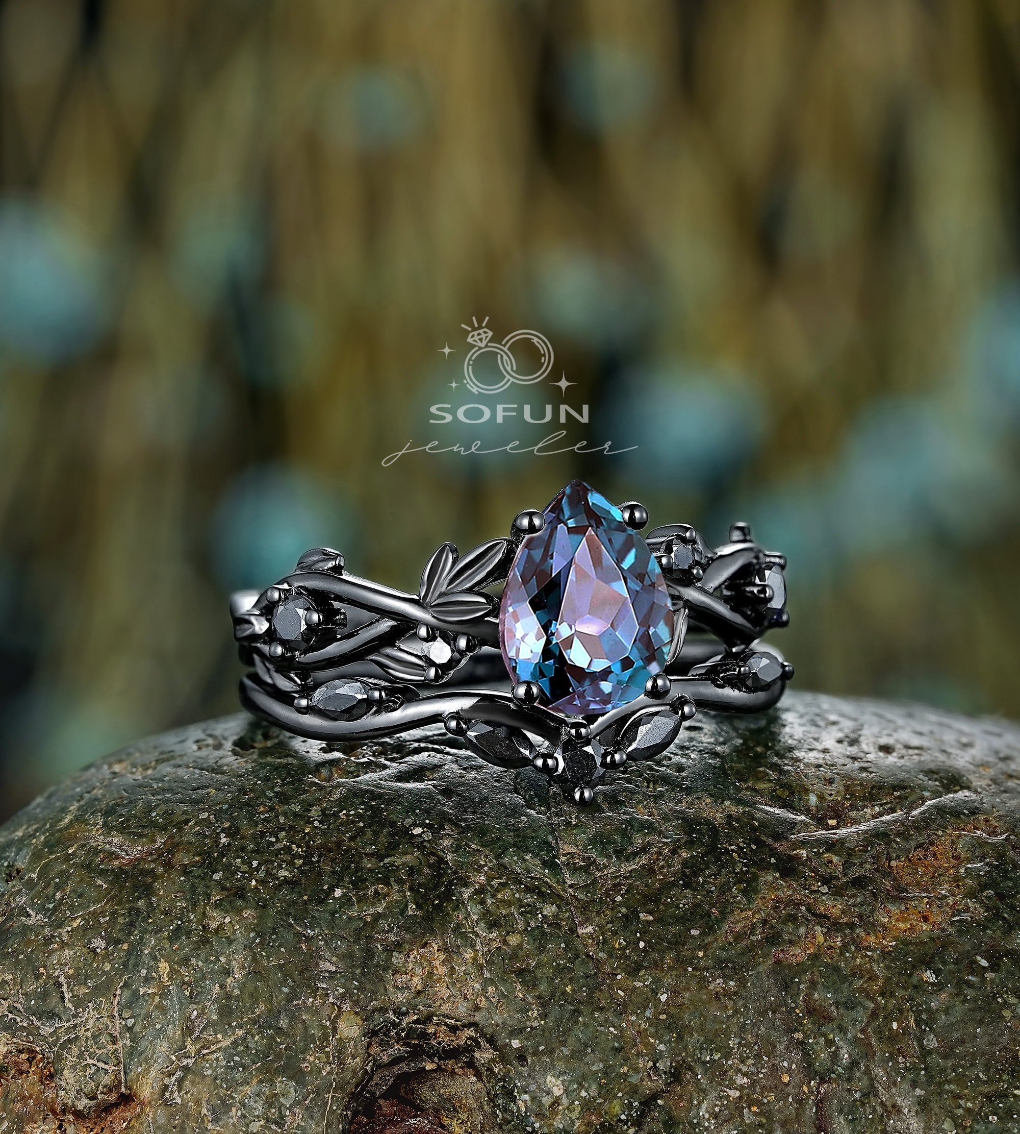 Vintage Black Gold Alexandrite Leaf Engagement Ring Set, Gothic Vine ...