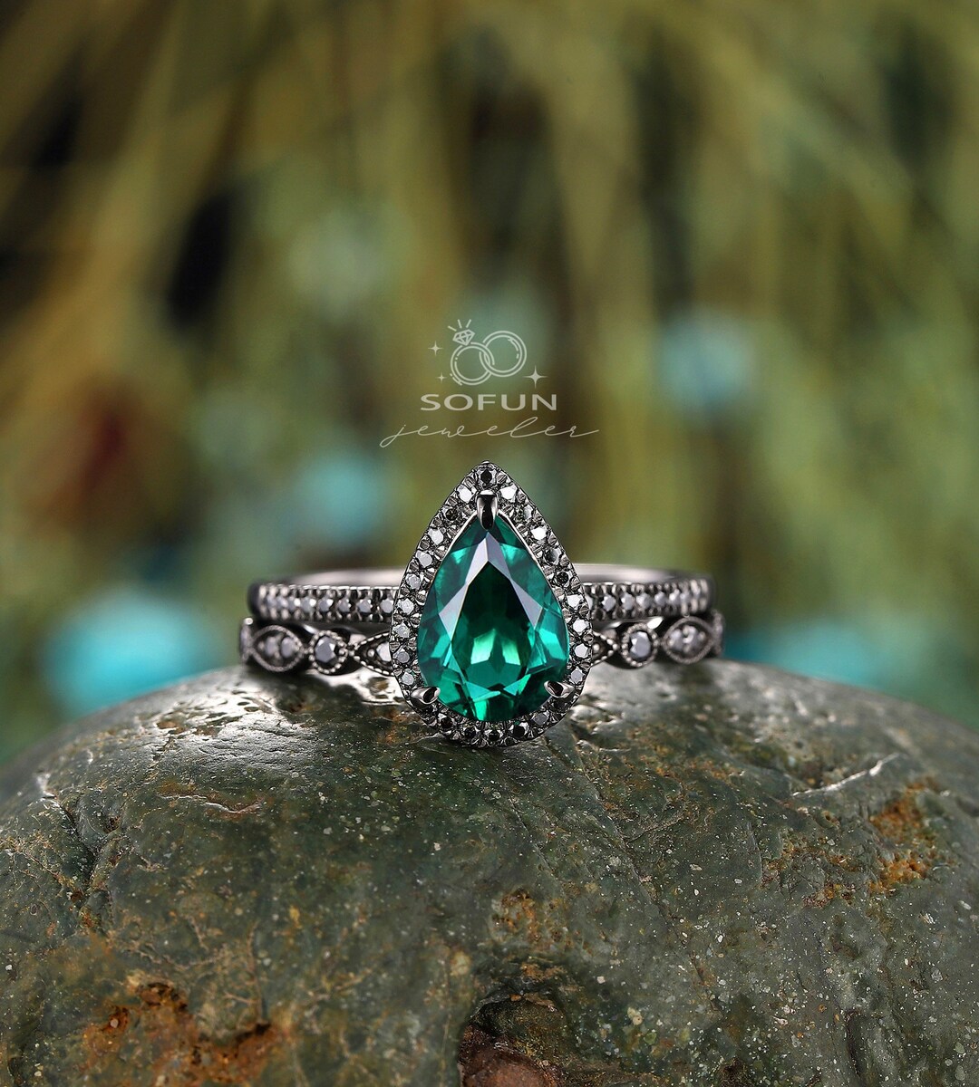 Black Gold Pear Emerald Halo Engagement Ring Set, Gothic Emerald ...