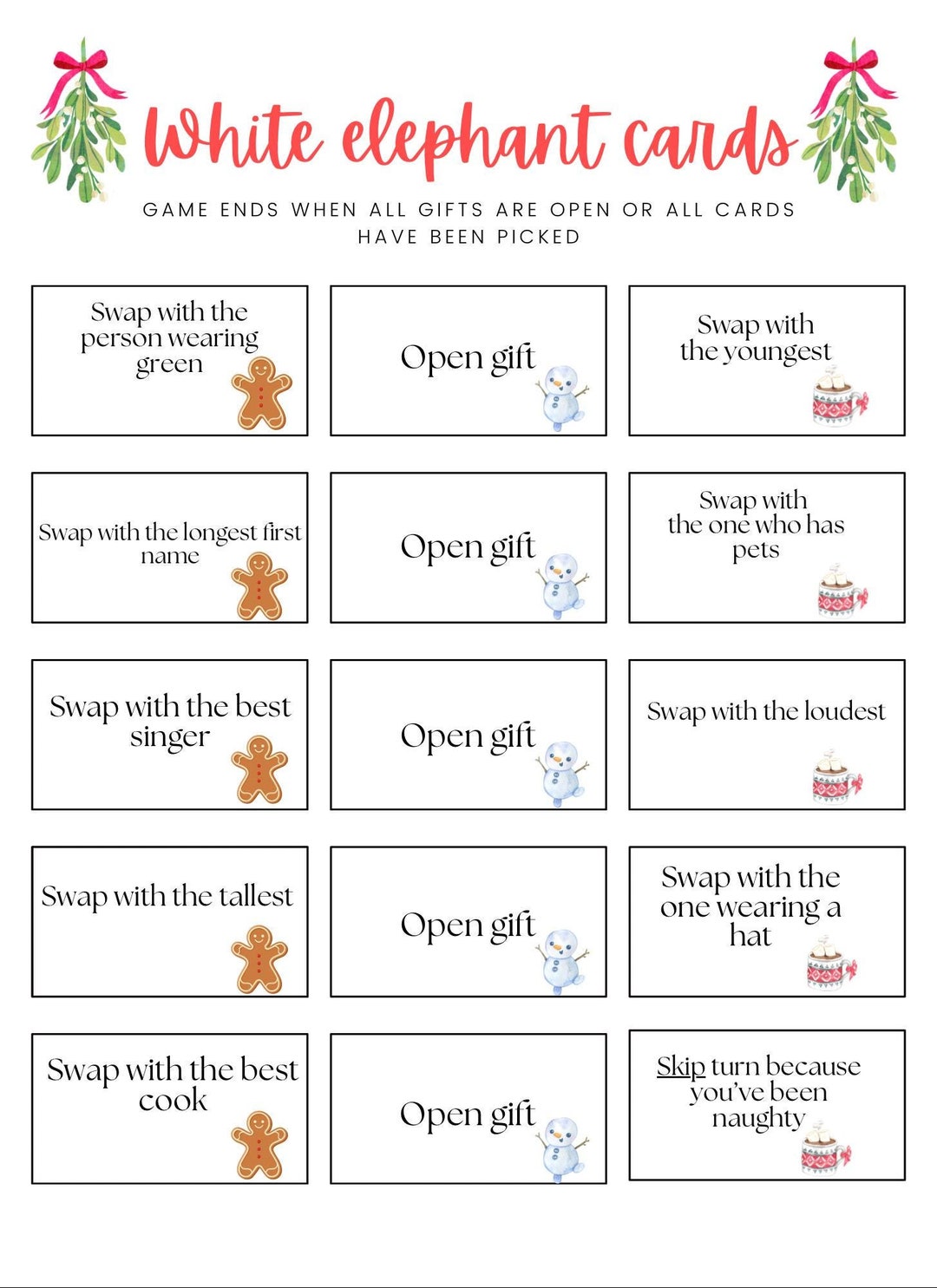 White Elephant Christmas Printable Cut Out Cards for Gift Exchange Game ...