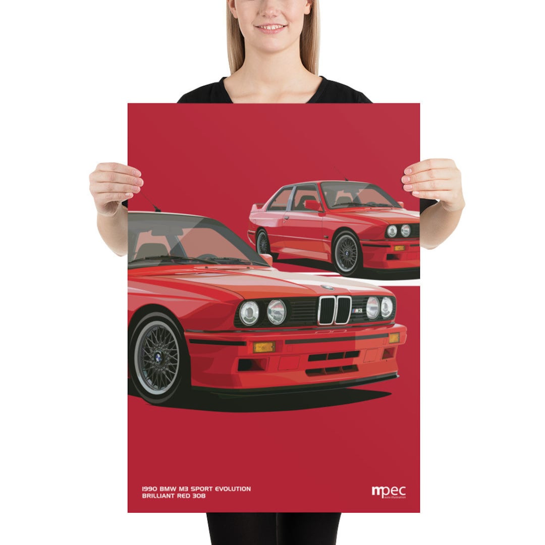 Iilustration 1990 BMW E30 M3 Brilliant Red - Portrait Close up Poster ...