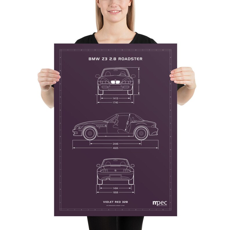 Large BMW Z3 2.8 Technical Illustration Poster Violet Red 50cm X 70cm ...