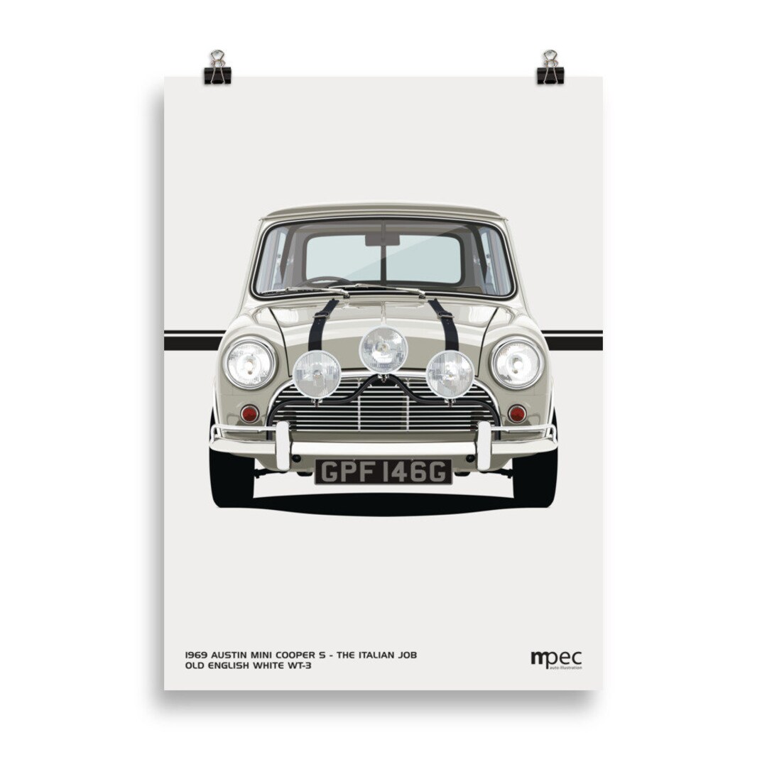The Italian Job White 1969 Austin Mini Cooper S Portrait Poster 50cm X ...