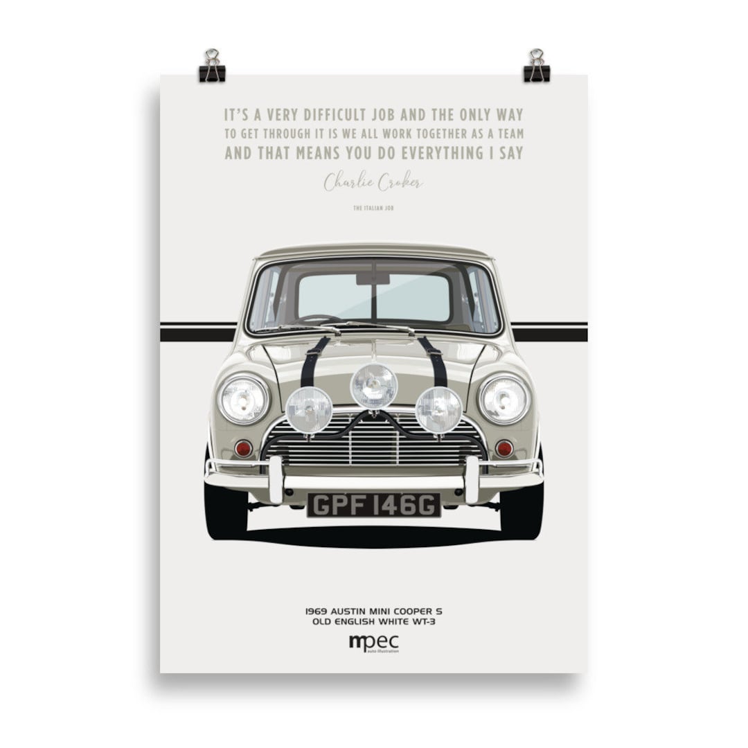 The Italian Job White 1969 Austin Mini Cooper S Portrait Poster With ...