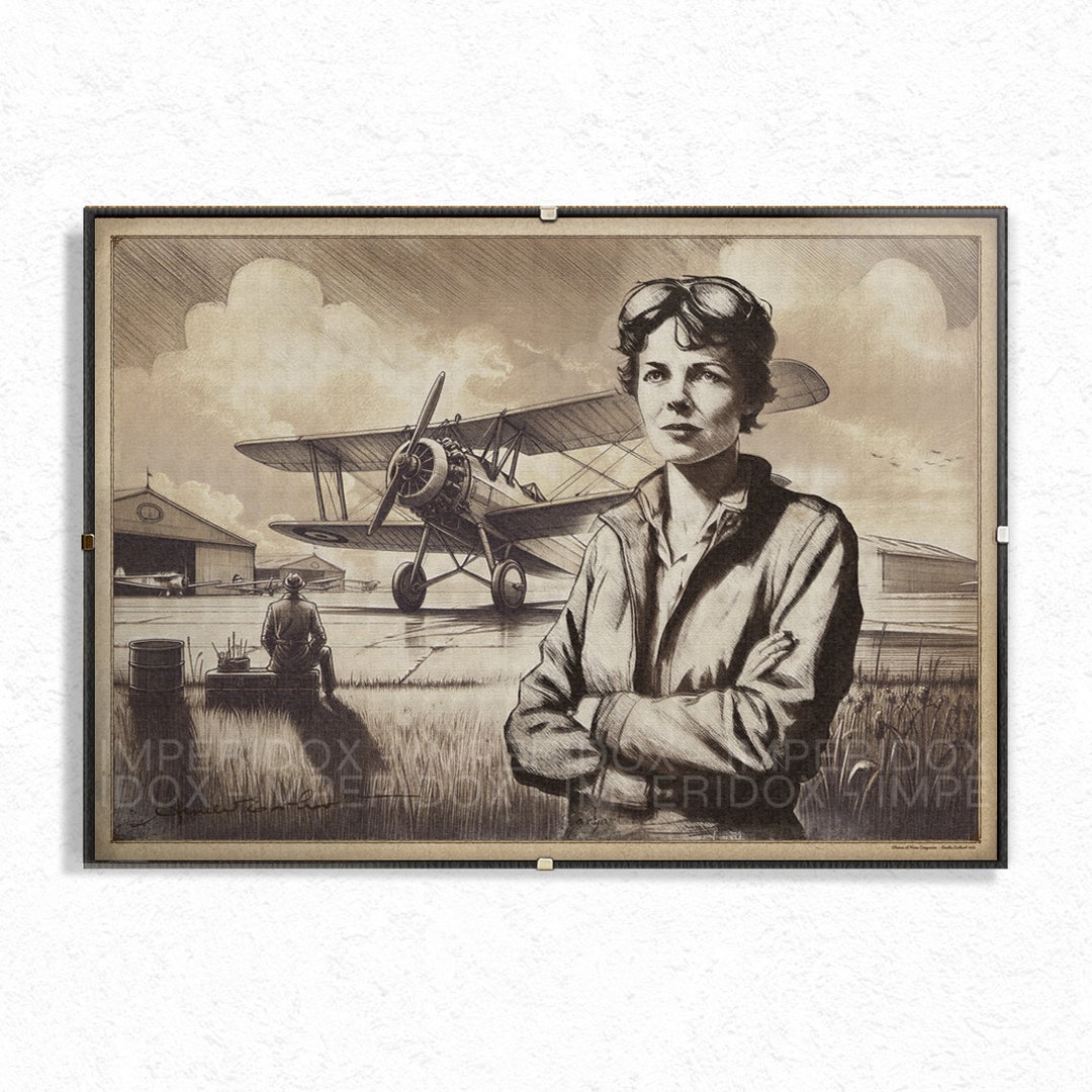Amelia Earhart Print Reproduced on Aged Paper. Pencil Sketch of Amelia ...