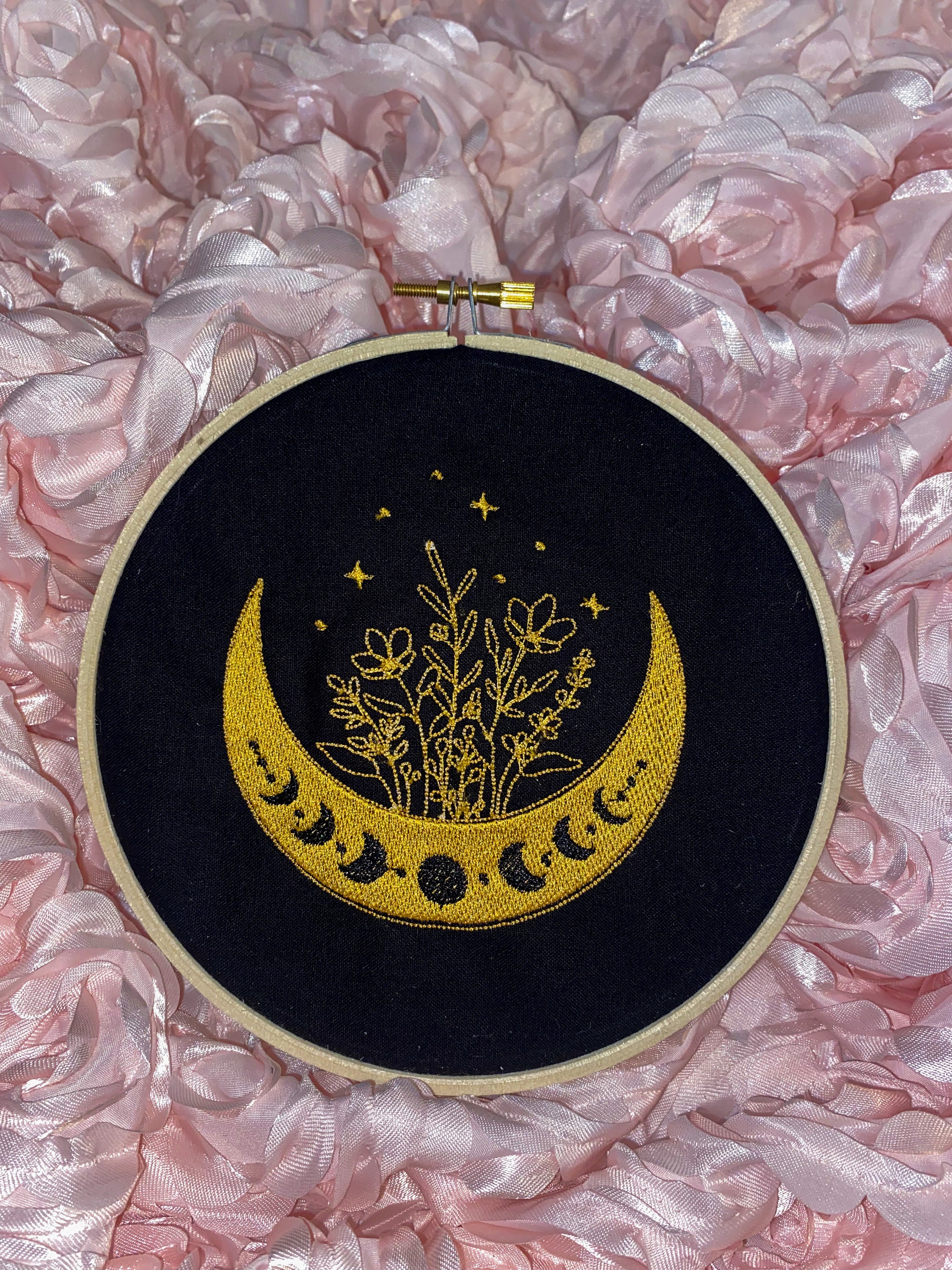 Finished Embroidery Hoop Art Modern Moon Stars and Flowers - Etsy