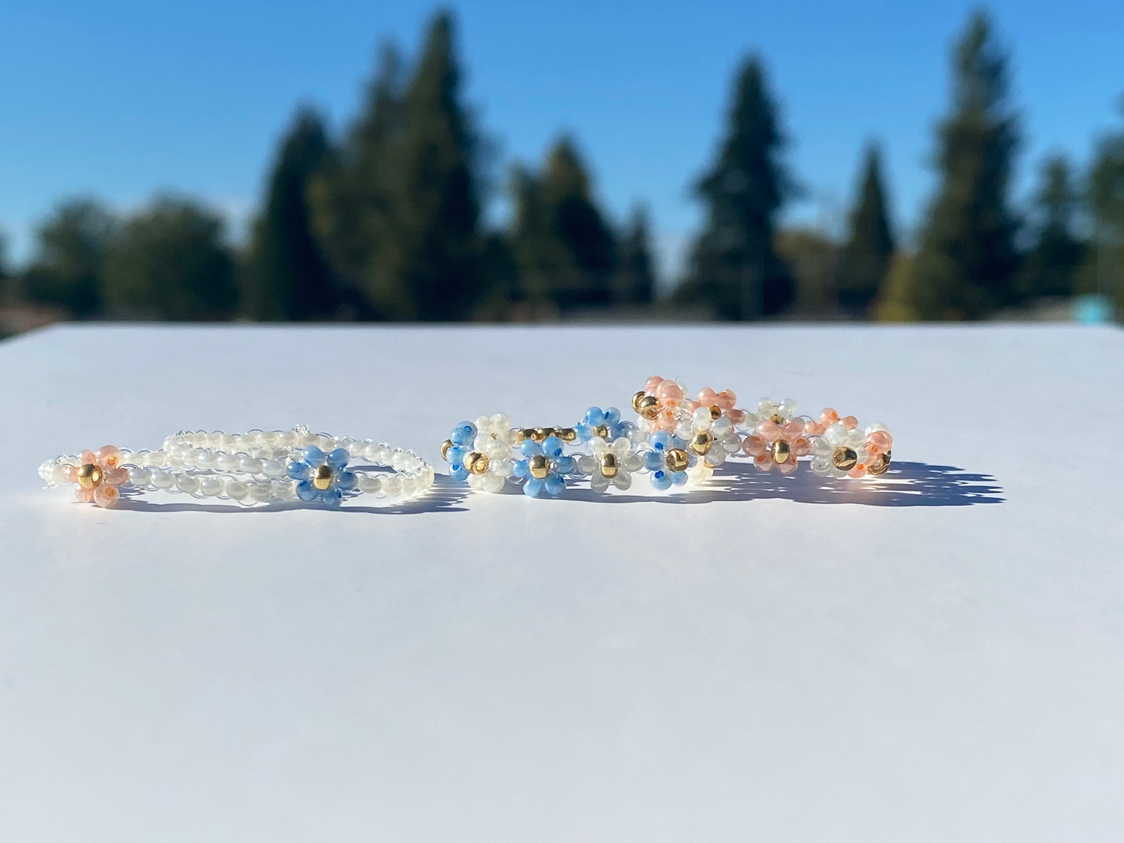 Blue and Pink Flower Rings, Ring Set, Flower Bead Ring - Etsy