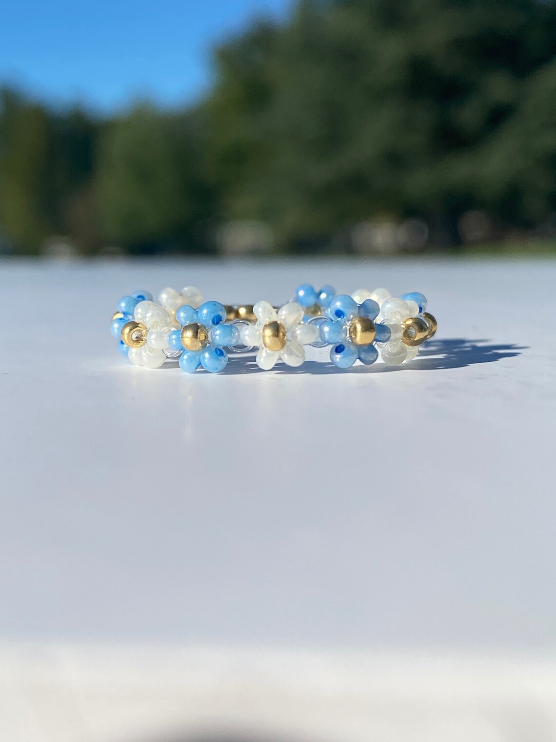 Blue and Pink Flower Rings, Ring Set, Flower Bead Ring - Etsy