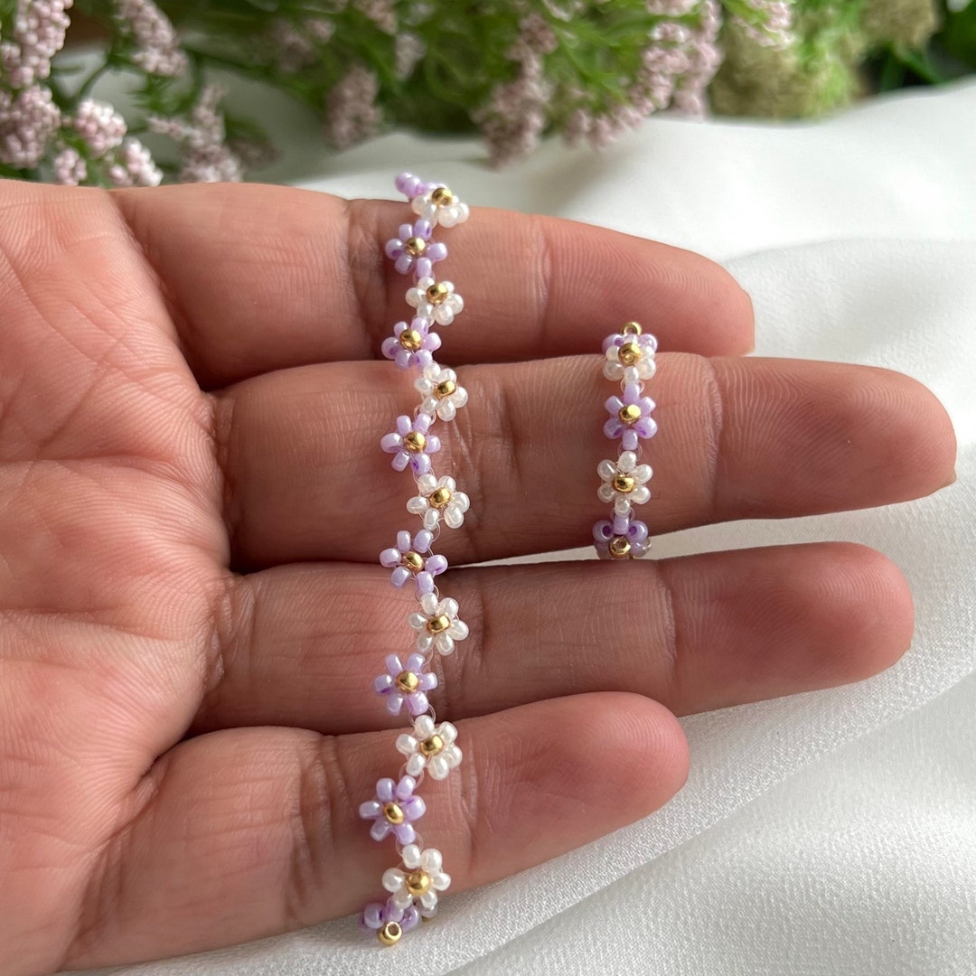 Lilac Flower Bracelet and Ring Set| Beaded Flower Jewelry| Flower Rings ...