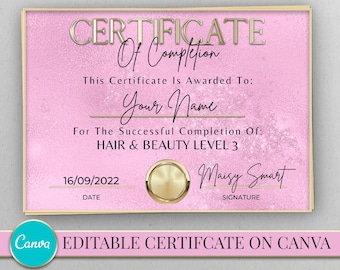 Certificate of Completion Editable With Canva Print Yourself Rose and ...