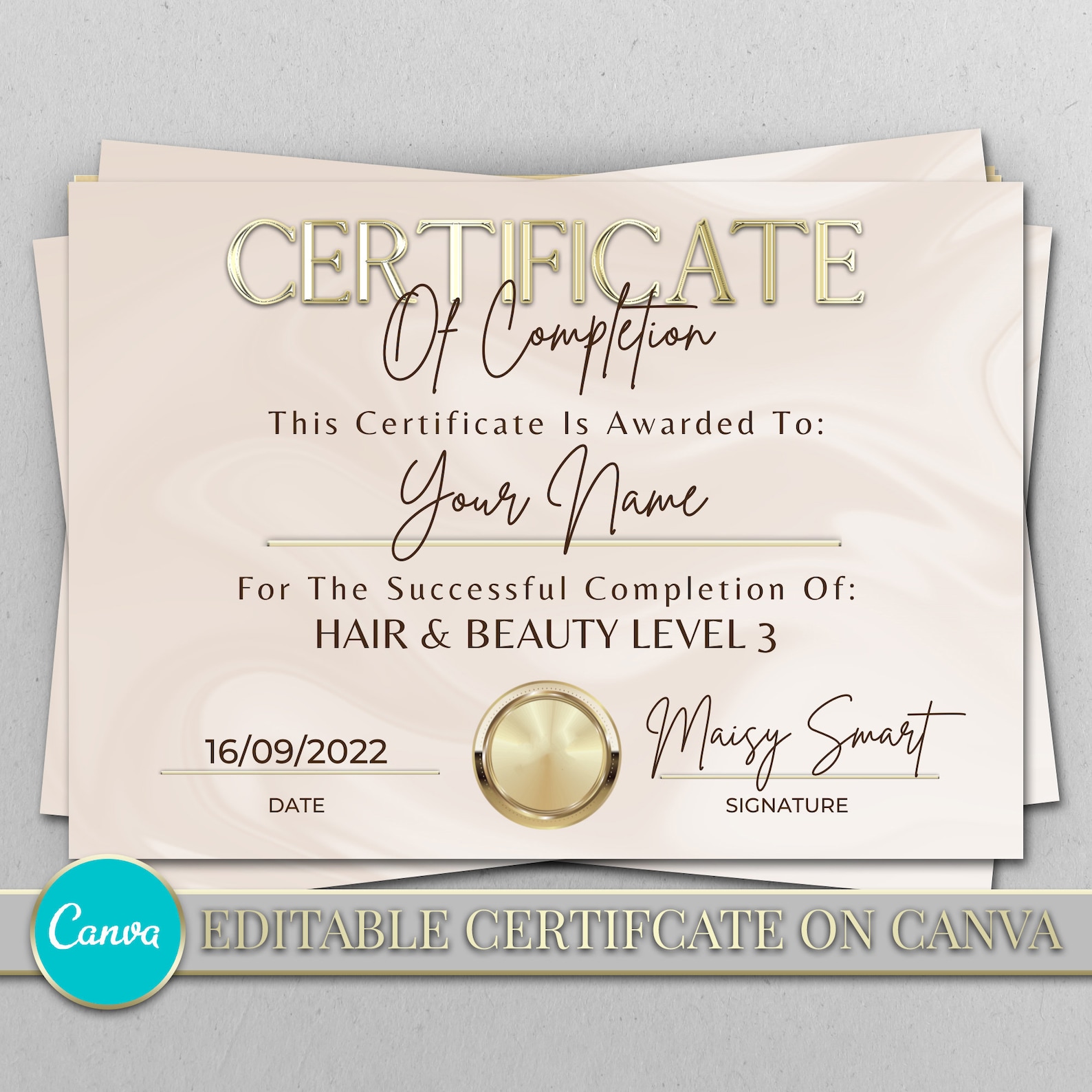 Certificate of Completion Editable With Canva Print Yourself Rose and ...
