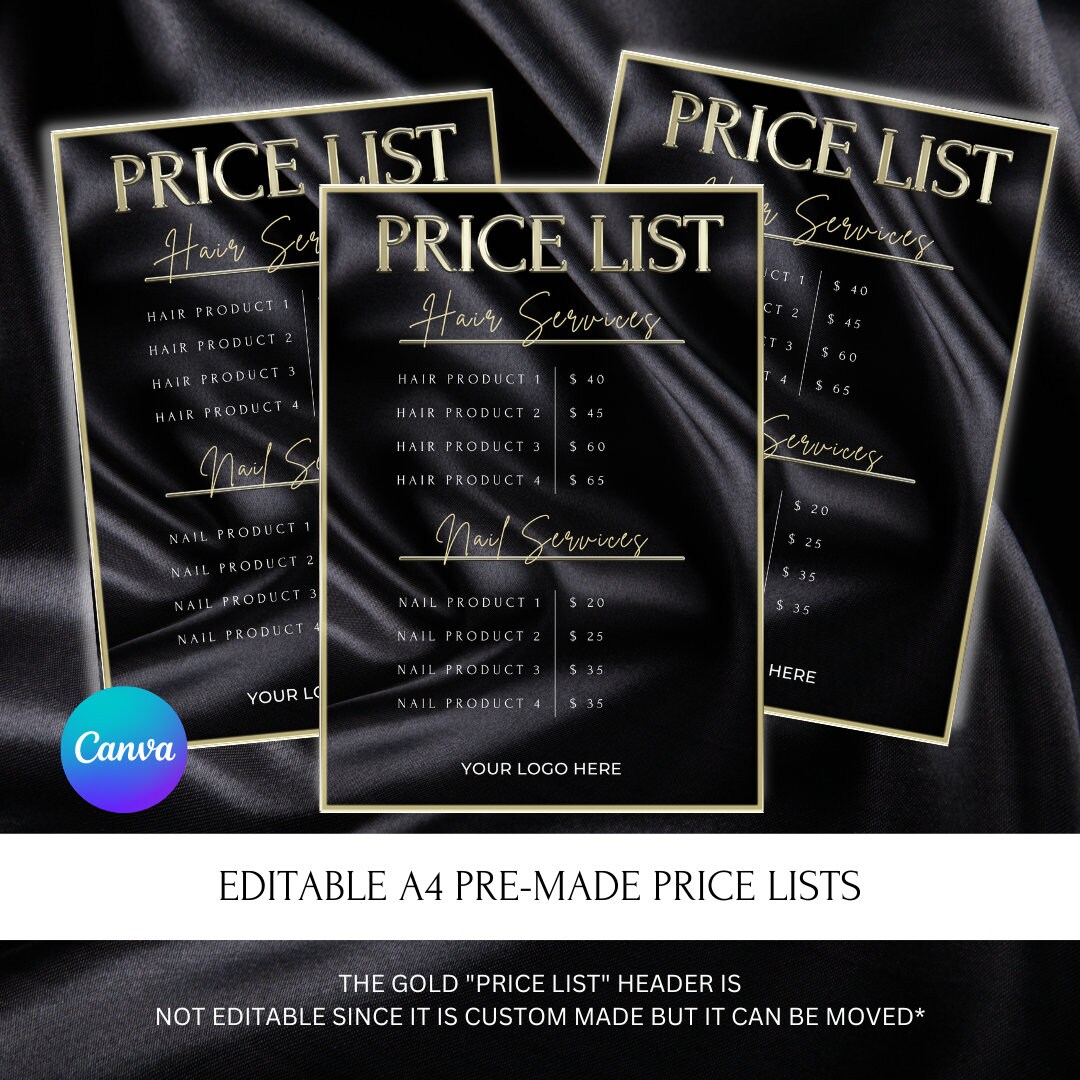 Black and Gold Editable Price Lists Canva, Black Silk Glam Price Lists ...