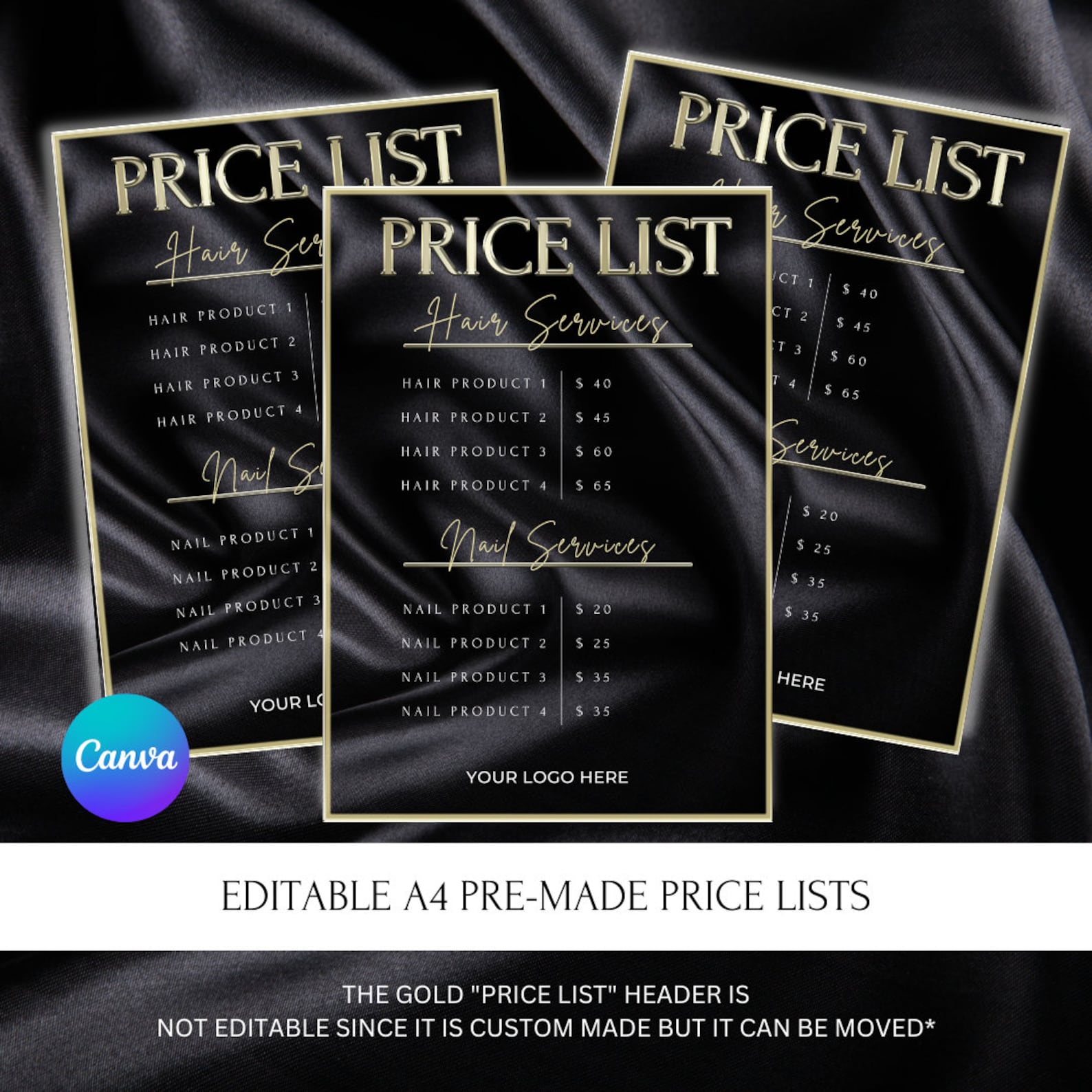 Black and Gold Editable Price Lists Canva, Black Silk Glam Price Lists ...