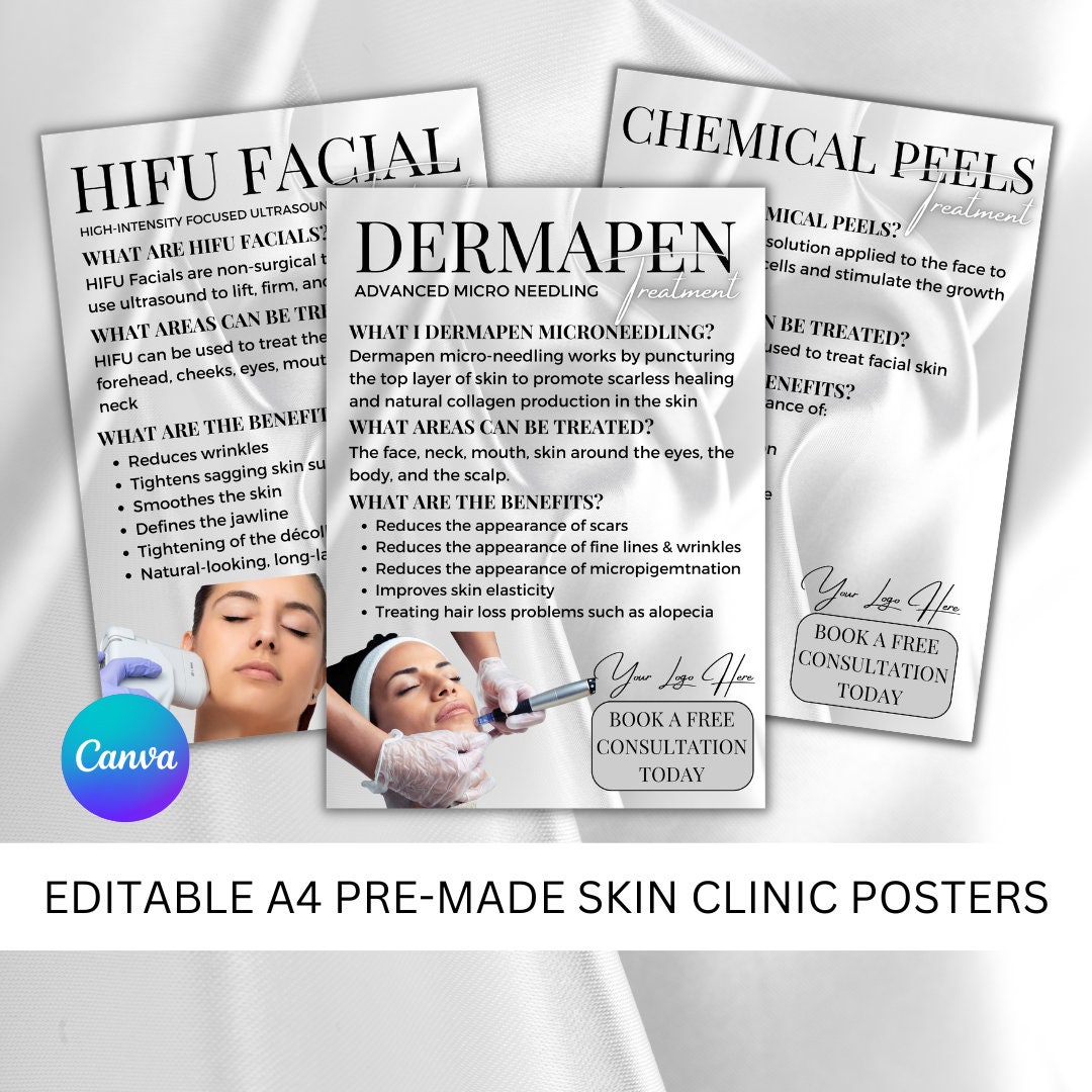HIFU Facial, Dermapen, Chemical Peel White A4 Posters Dermatology ...