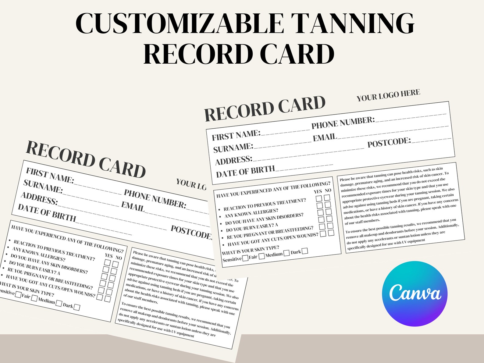 Editable Tanning Record Card for Perfect Salon Management, Free to Edit ...