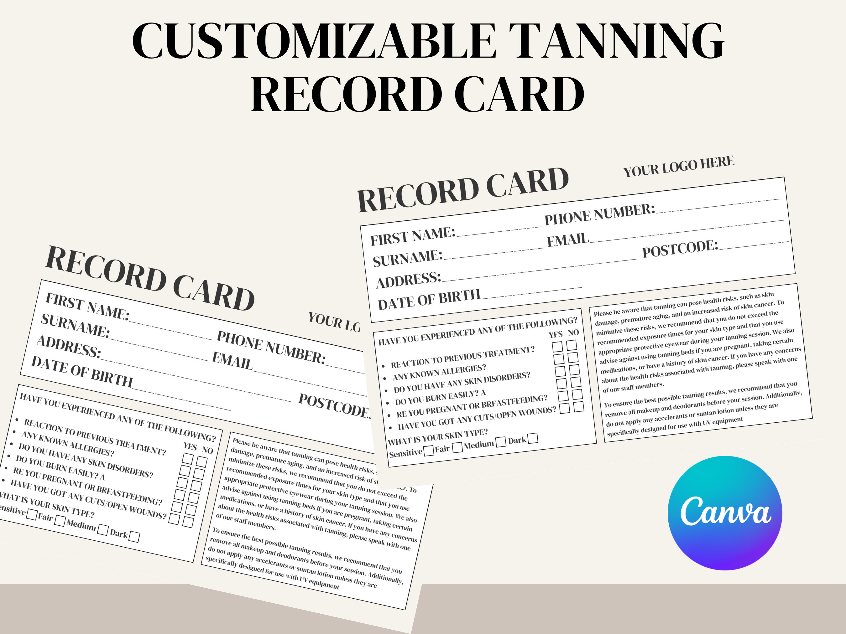 Editable Tanning Record Card for Perfect Salon Management, Free to Edit ...