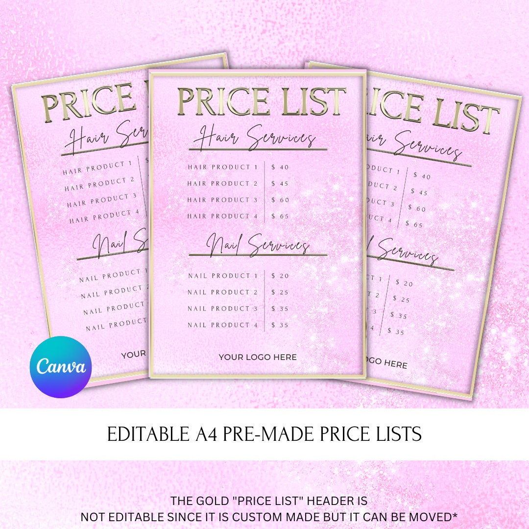 Pink and Gold Editable Price Lists Canva, Pink Glitter Glam Price Lists ...