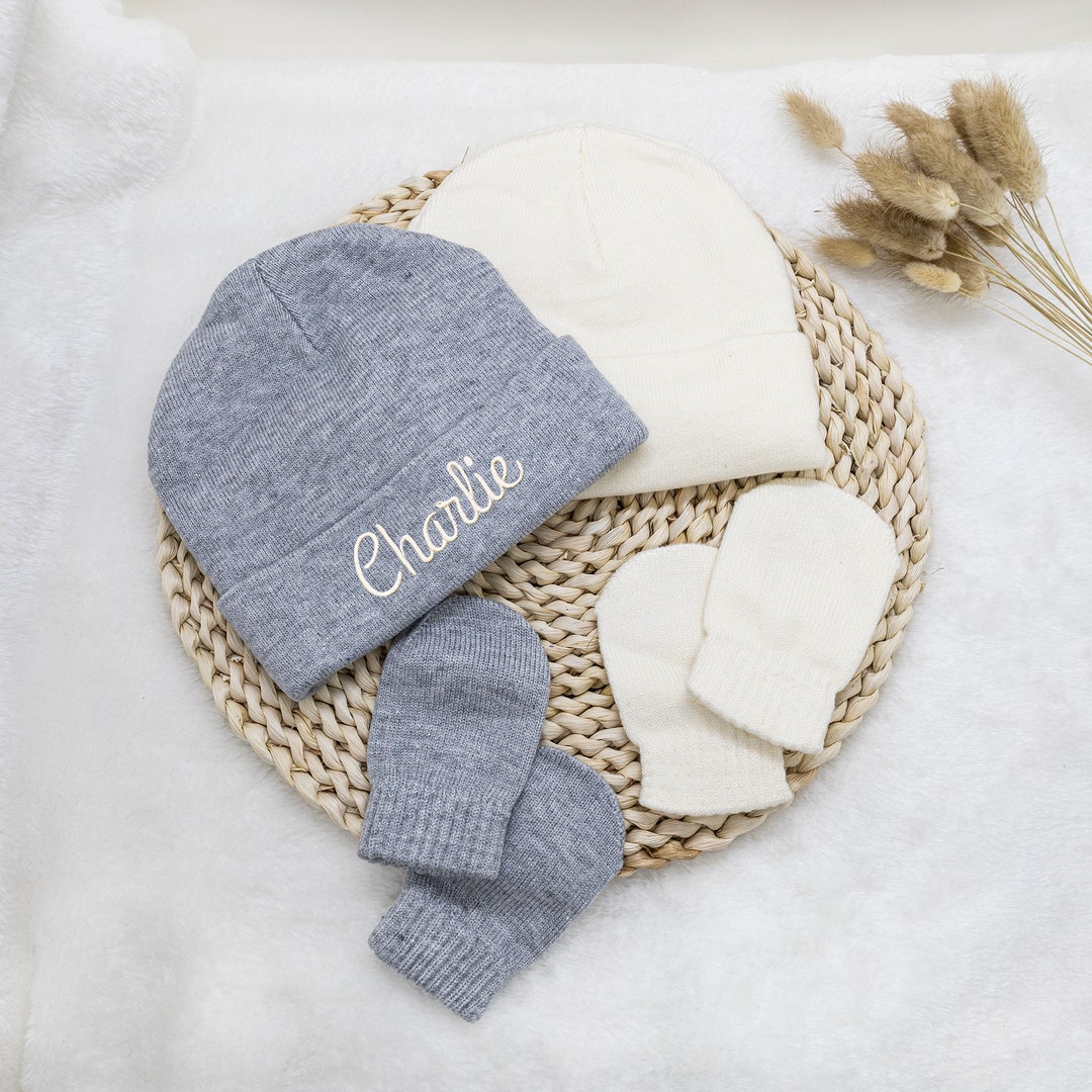 Personalized Embroidery Baby Beanie Set | Baby Hat and Mittens With ...