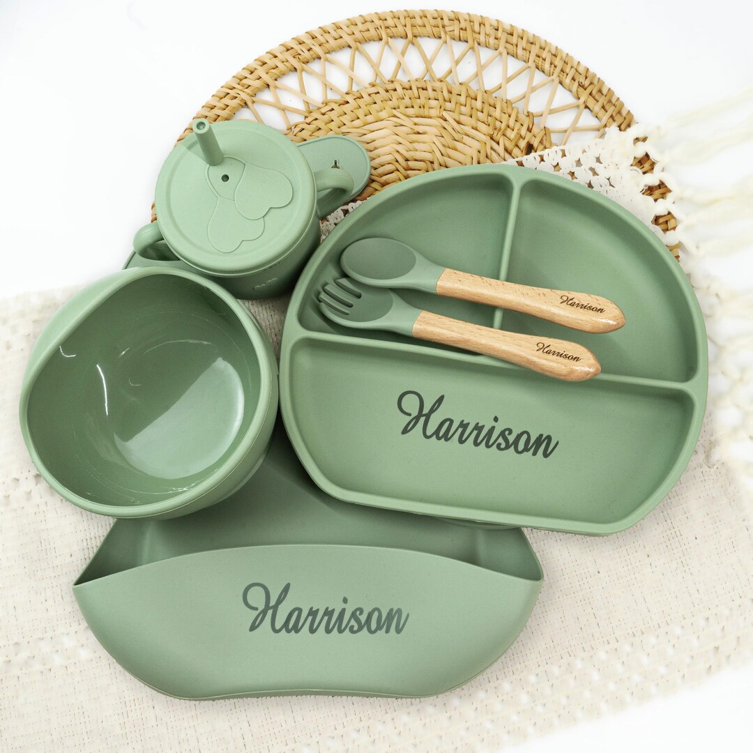 Personalized Silicone Baby Feeding Set | Sage Green Dinnerware, Baby ...