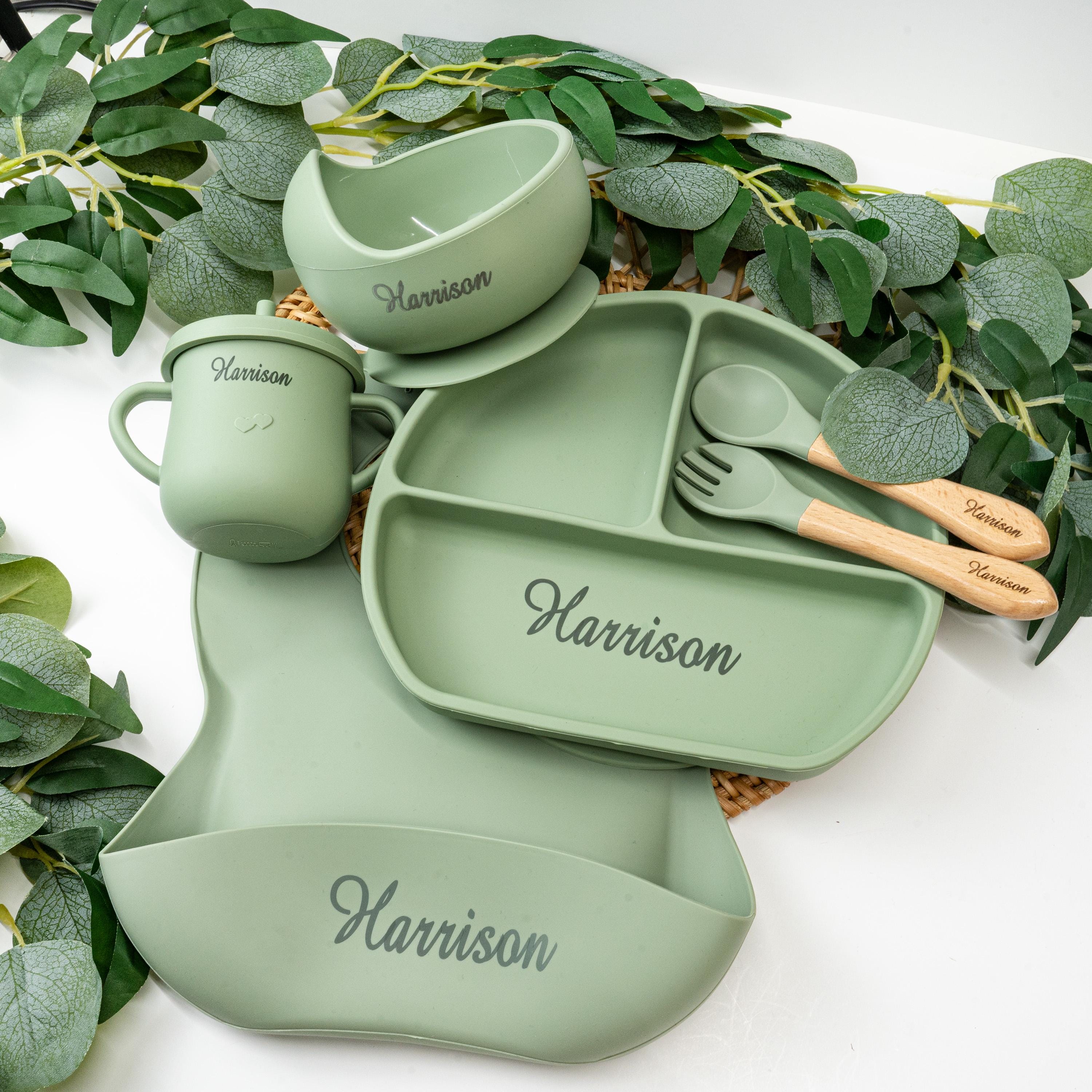 Personalized Silicone Baby Feeding Set | Sage Green Dinnerware, Baby ...