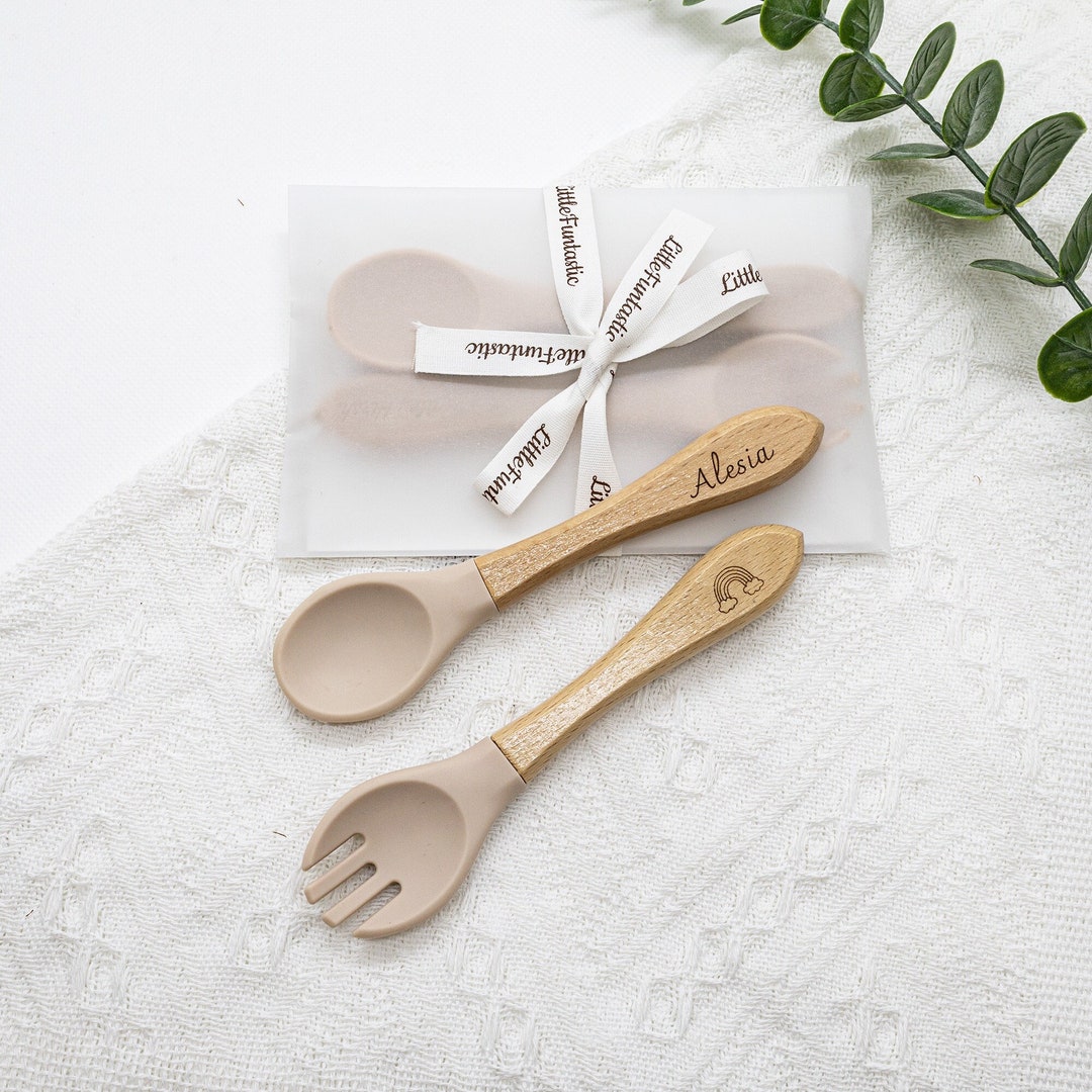 Personalized Silicone Baby Spoon and Fork Set, Wood Handle,baby Shower ...