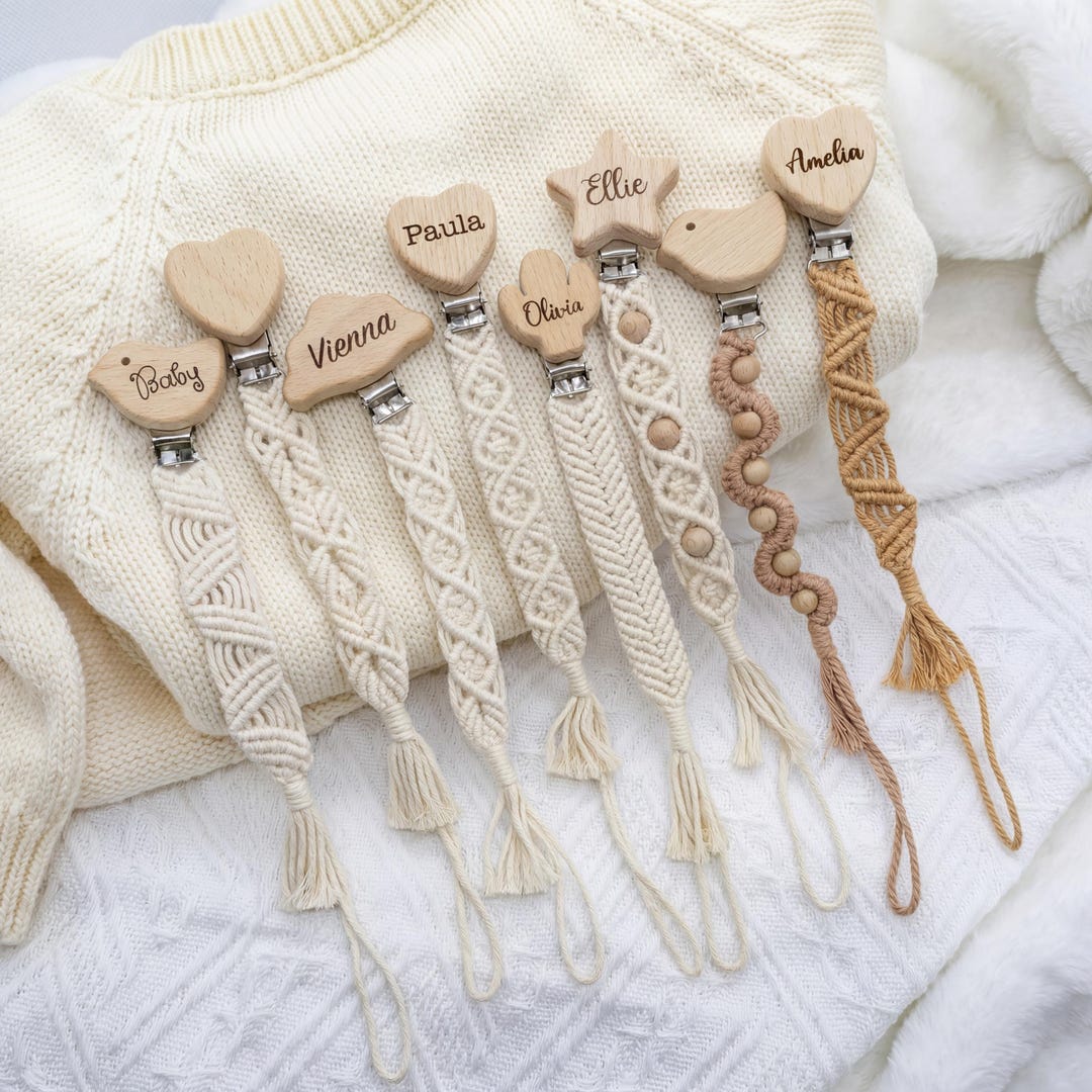 Personalized Macrame Pacifier Clip, Beech Wood Baby Accessory - Etsy