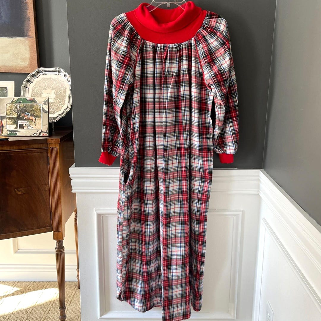 Vtg Grandma Red Plaid Turtleneck Long Cotton Flannel Nightgown USA ...