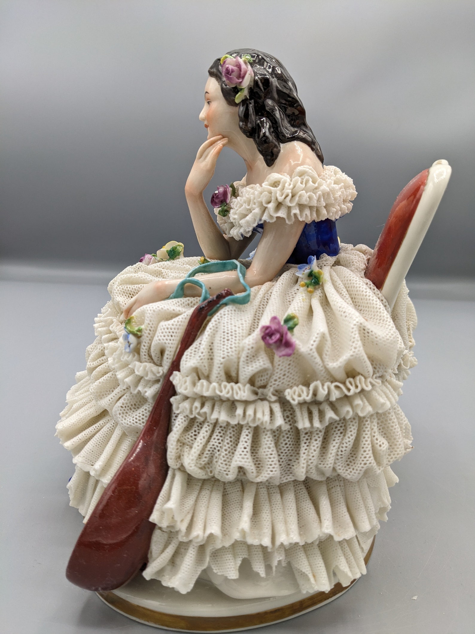 Antique 1915s Large German Volkstedt Lady With Mandolin Lace Porcelain ...
