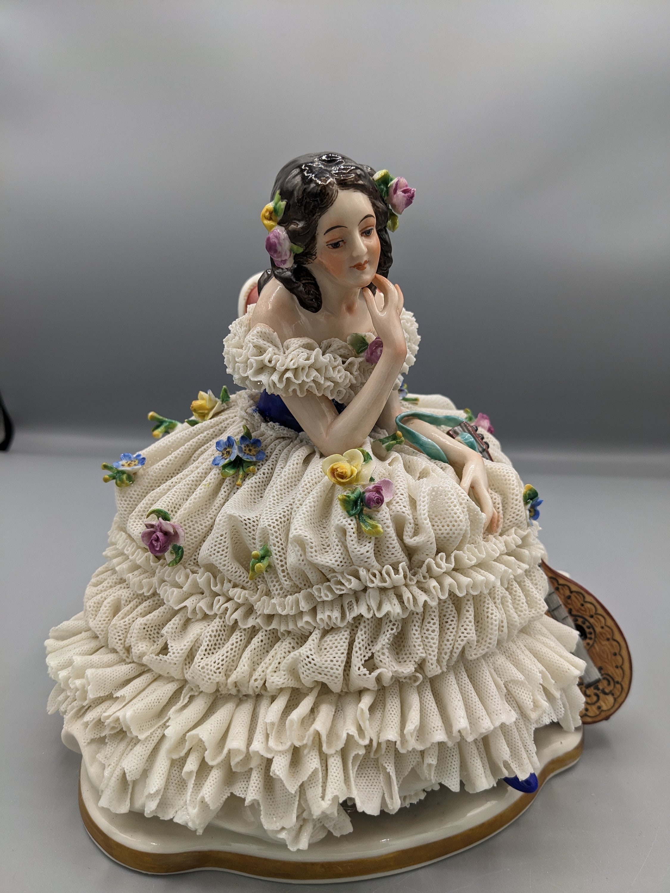 Antique 1915s Large German Volkstedt Lady With Mandolin Lace Porcelain ...