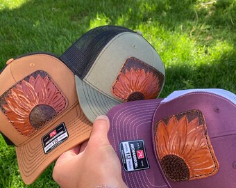 Neutral Sunflower Trucker Hat, Leather Patch Hats, Custom Tooled Leather, Gifts for Cowgirl ...