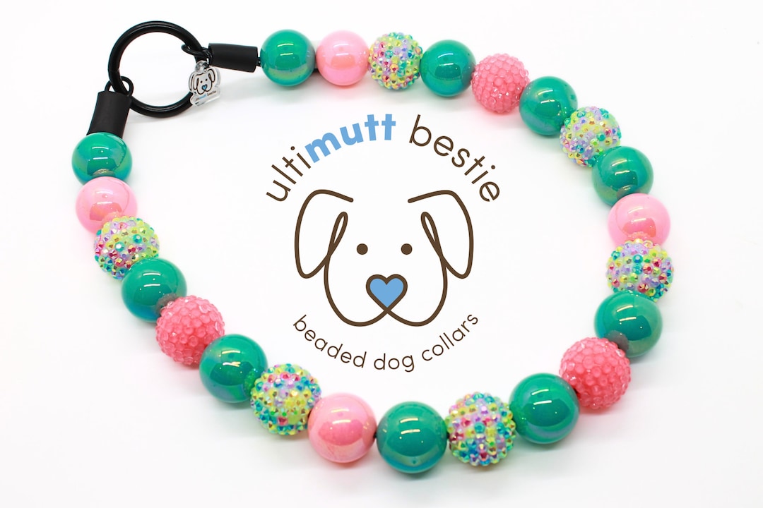 Island Punch Bead Dog Collar With Name, Colorful Pastel Glam Pearl Dog ...