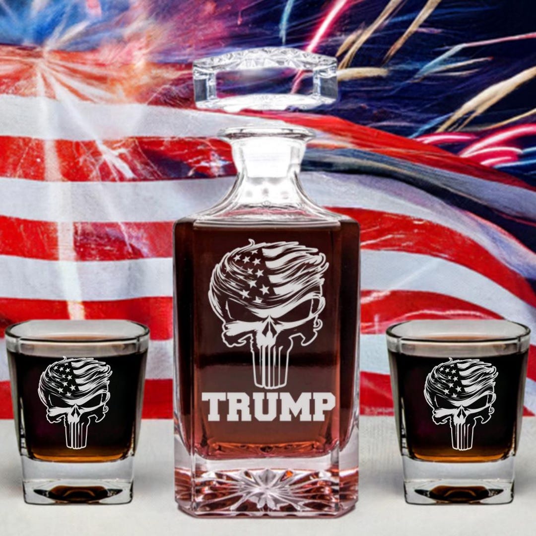 Bold Donald Trump Engraved Whiskey Decanter Set – Patriotic Skull ...