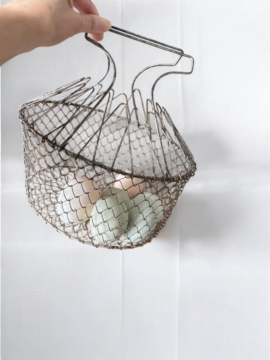 Vintage French Collapsible Wire Basket, Egg and Flower Basket, French ...