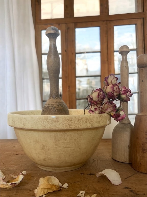 Vintage Heavily Stained and Crazed Beige Mixing Bowl, Antique Crock ...
