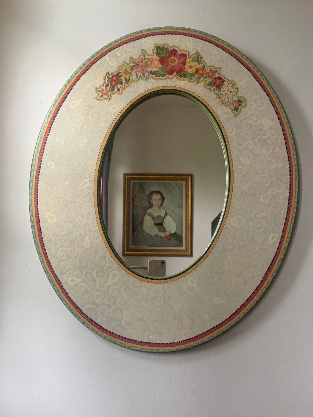 Stunning Hand Painted Oval Mirror by Artist, Vintage Mirror Signed by ...