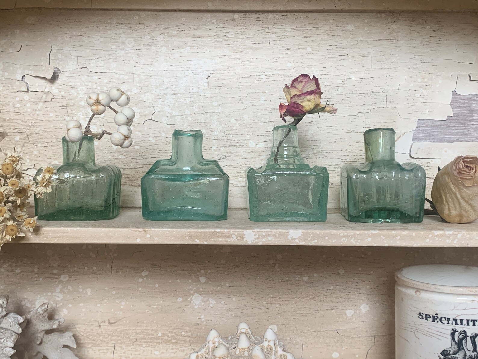 Antique English Inkwell Aqua Glass Ribbed and Not Ribbed Square ...