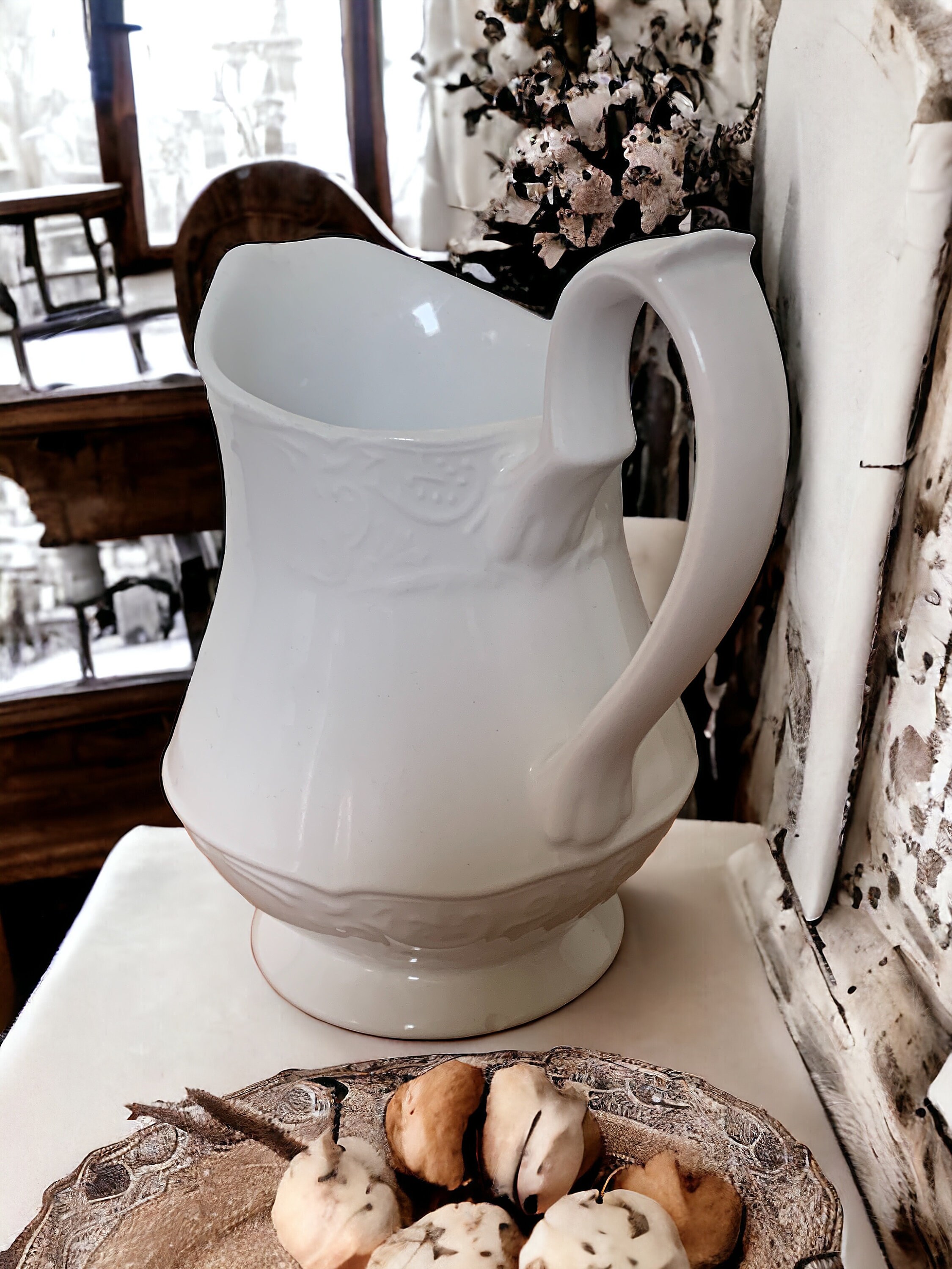 Vintage English White Ironstone Small Milk Pitcher Delicately Embossed ...