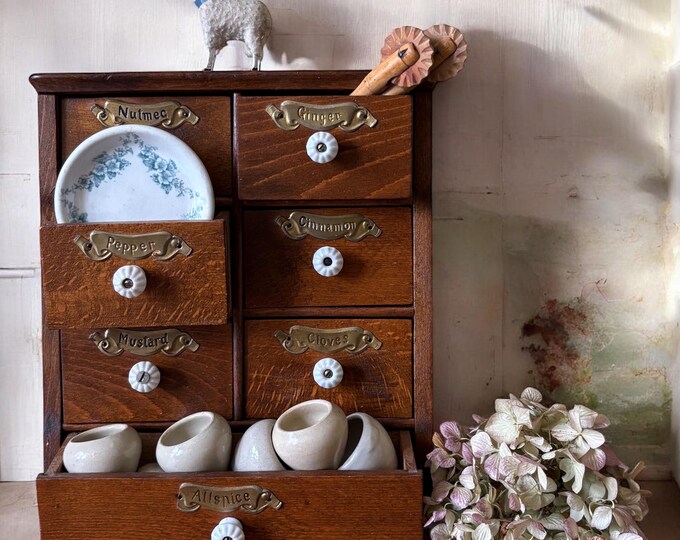Antique Spice Cabinet With Metal Labels and Porcelain Handles, Wood ...