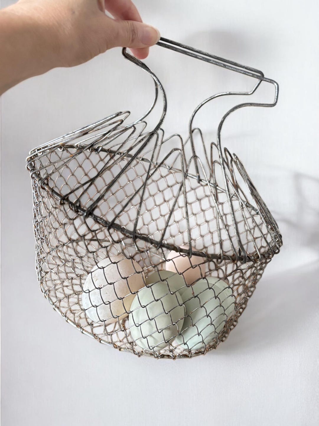 Vintage French Collapsible Wire Basket, Egg and Flower Basket, French ...