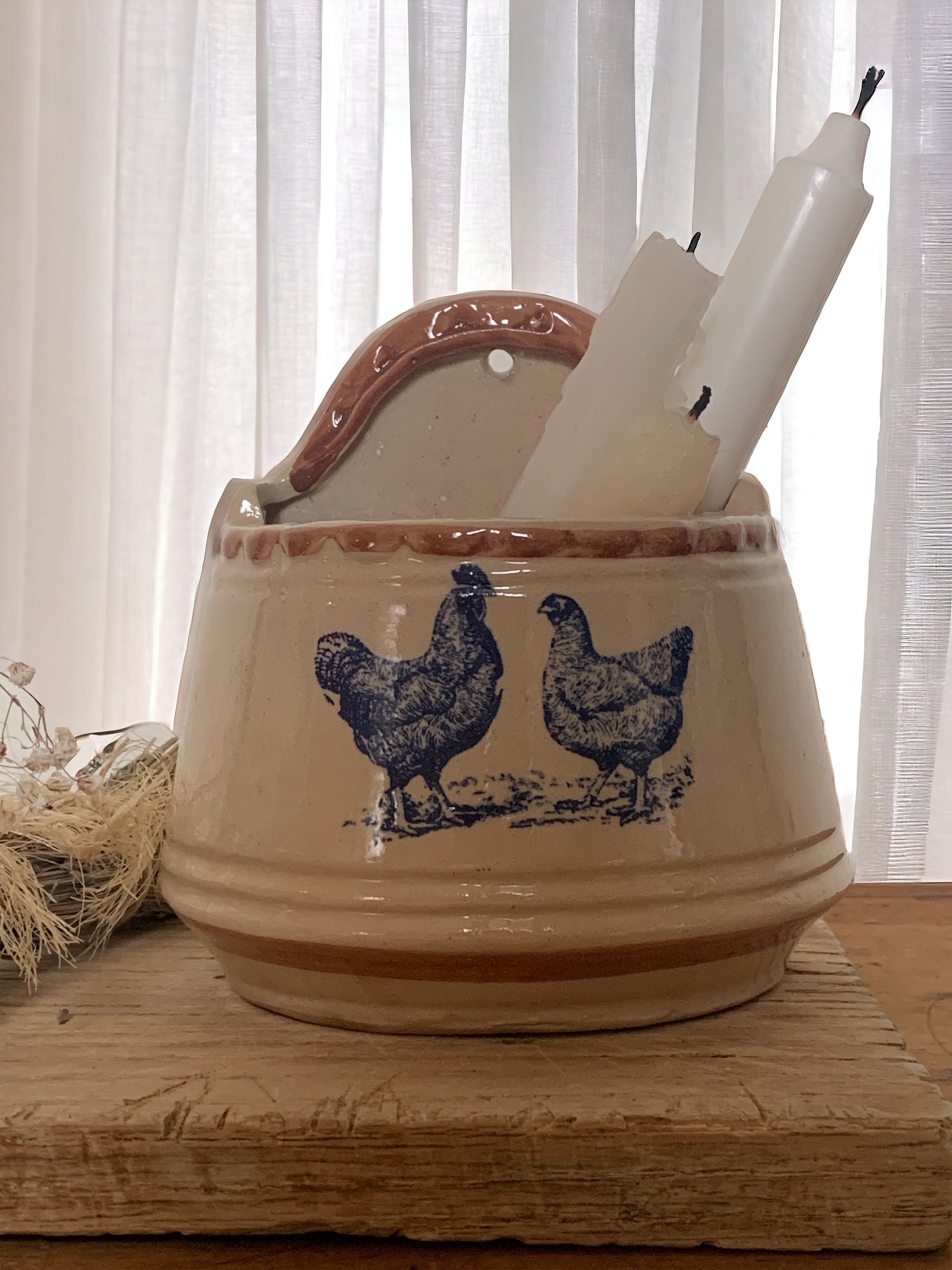 Vintage Wall Hanging Salt Crock With Hens Without Lid - Etsy