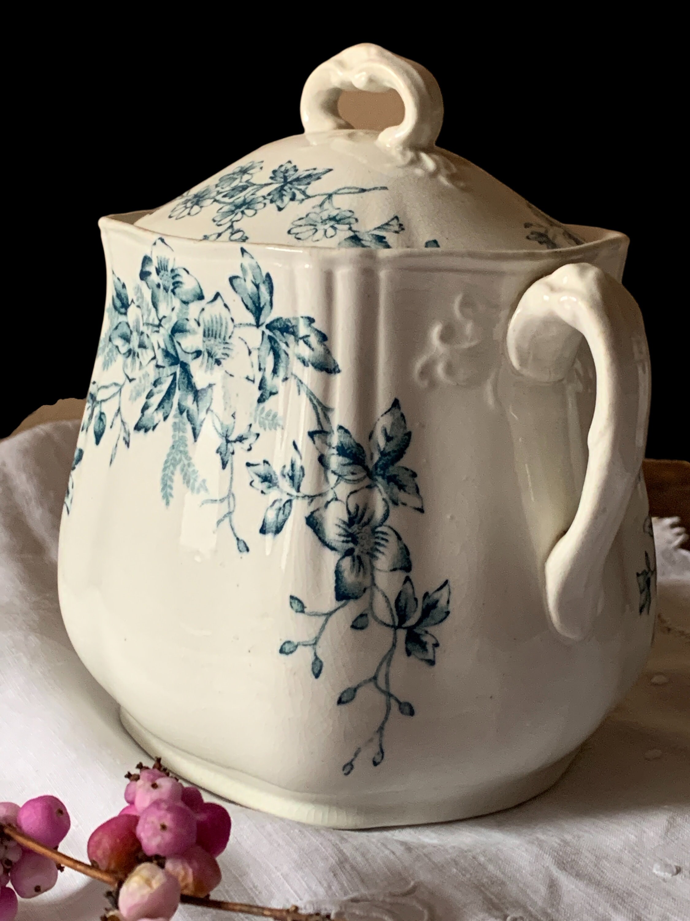 Antique English Blue Transferware Sugar Pot, F. W. & Co, F Winkle and ...