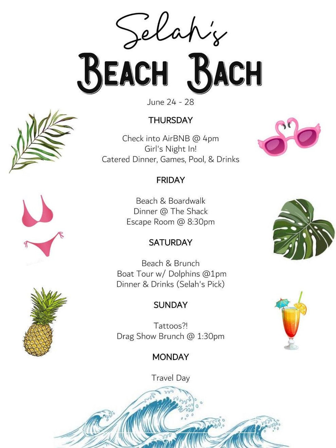 Custom Itinerary - Printable - for Bachelorette Party, Birthday Party ...