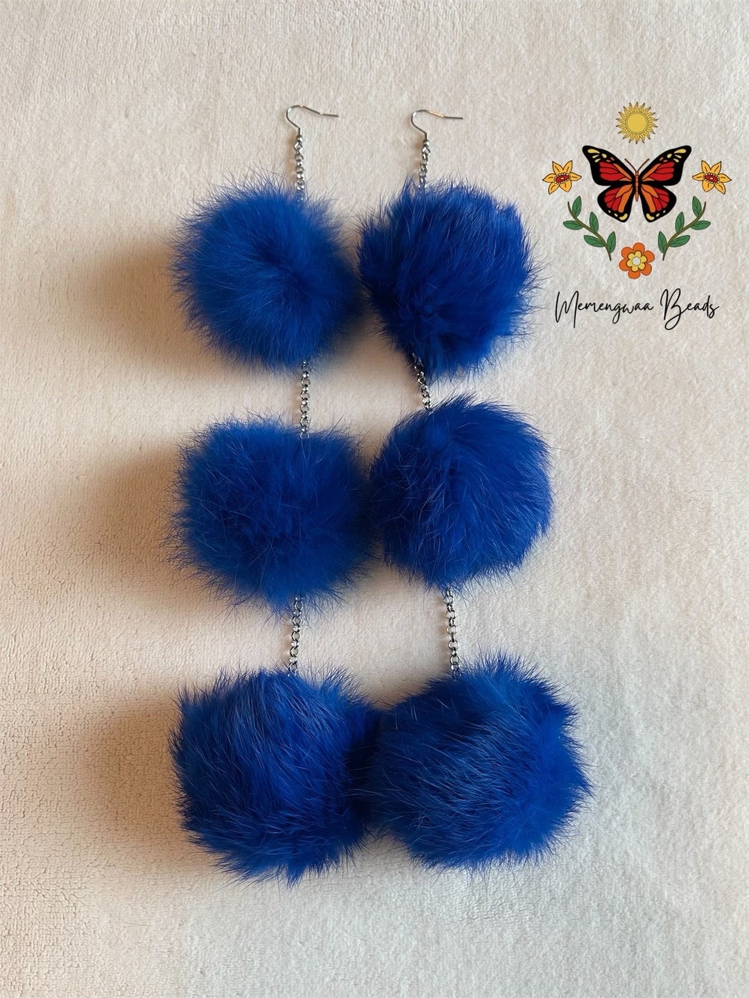 Indigenous Blue 3 Tier Rabbit Fur Pom Earrings - Etsy